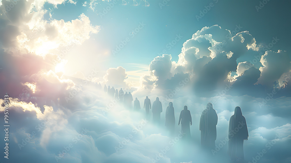 people walking to the light in heaven. Standing in a row waiting to go ...
