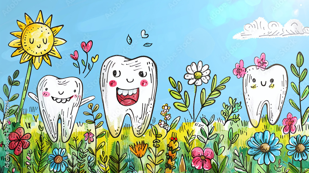 cute doodle style illustration of teeth or molars happily dancing and ...