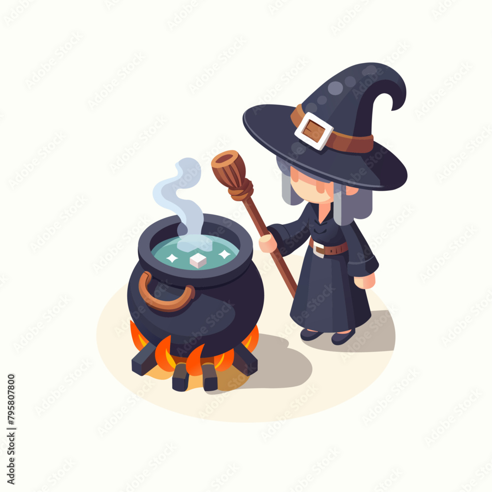 Isometric cute witch making potions in a cauldron, halloween character ...