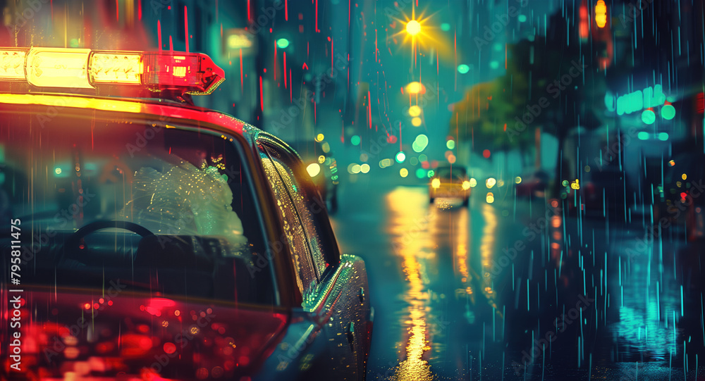 City Street with a police car. Signal lights are included in the police ...