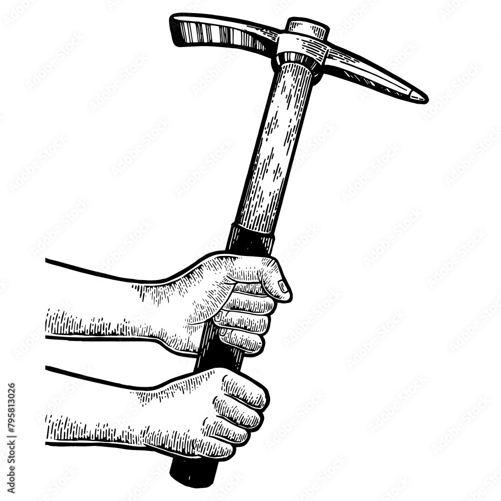 Hands with pick pickaxe tool sketch engraving PNG illustration. Scratch ...