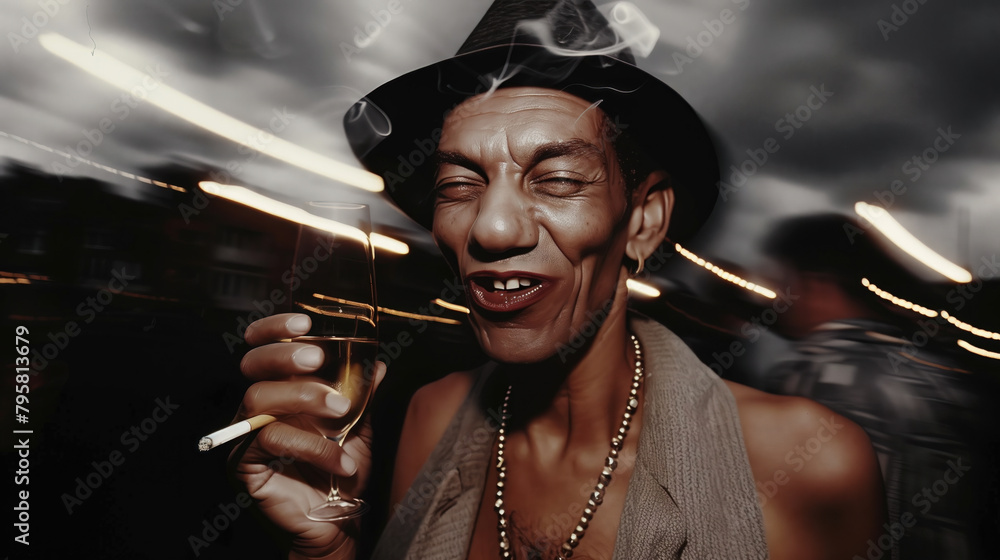 Stylization for retro photography of the 1980s. A drunk man with ...