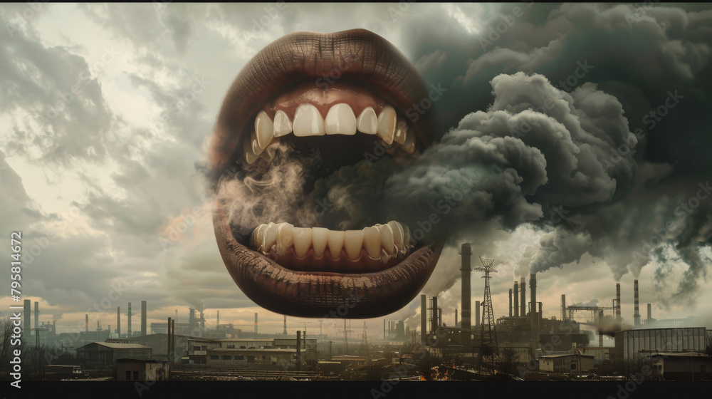 Surreal depiction of industrial emissions as a giant mouth, symbolizing ...