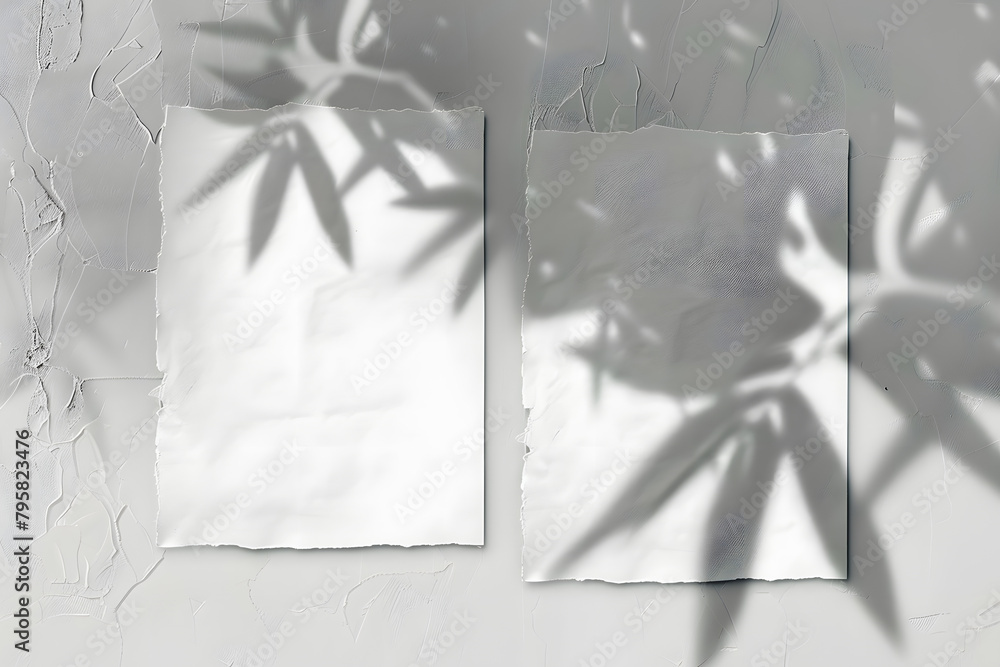 2 vertical sheets of textured white paper on soft gray table background ...