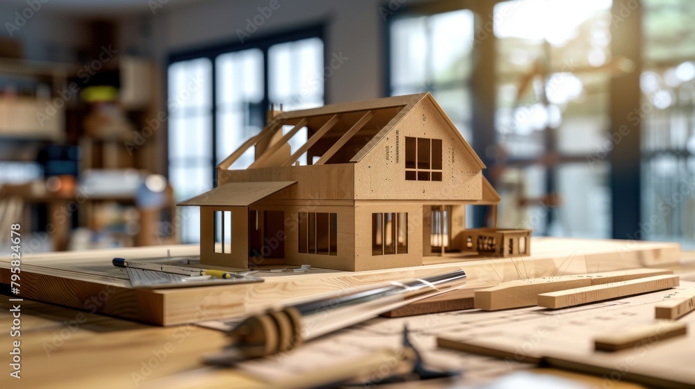 Portrait closeup small wooden miniature model house with builders ...