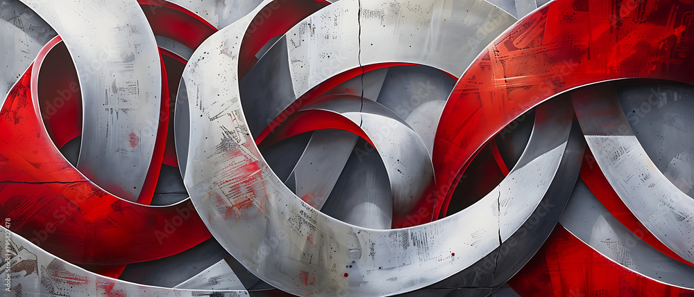 This abstract art piece features curved red and grey metallic shapes ...