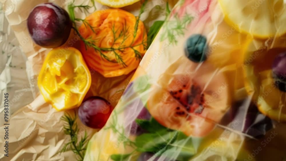 Closeup of a thin paperlike sheet of edible packaging featuring a ...