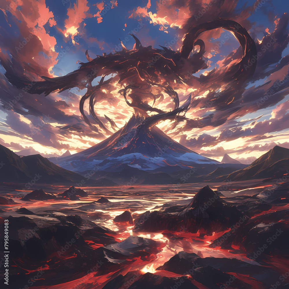 Awe-Inspiring Mythical Creature on Lava-Filled Mountain with Dynamic ...