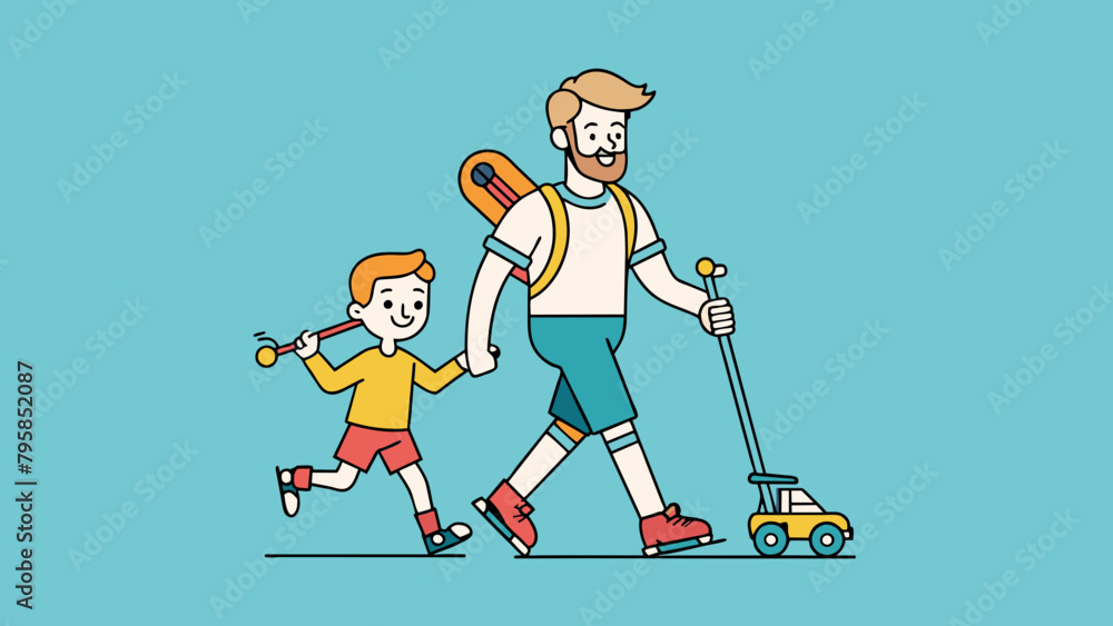 paternity father and son walk roll-on roller cartoon vector ...