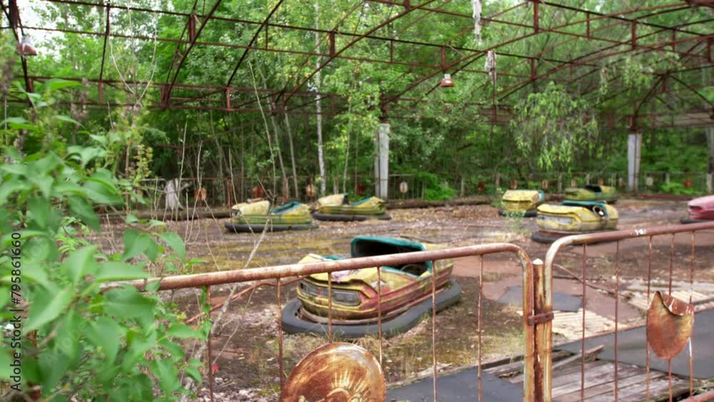 Abandoned car attraction in the city of Pripyat. The whole playground ...