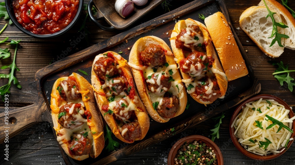 Gourmet top view of cheesy meatball subs with garlic beef meatballs ...