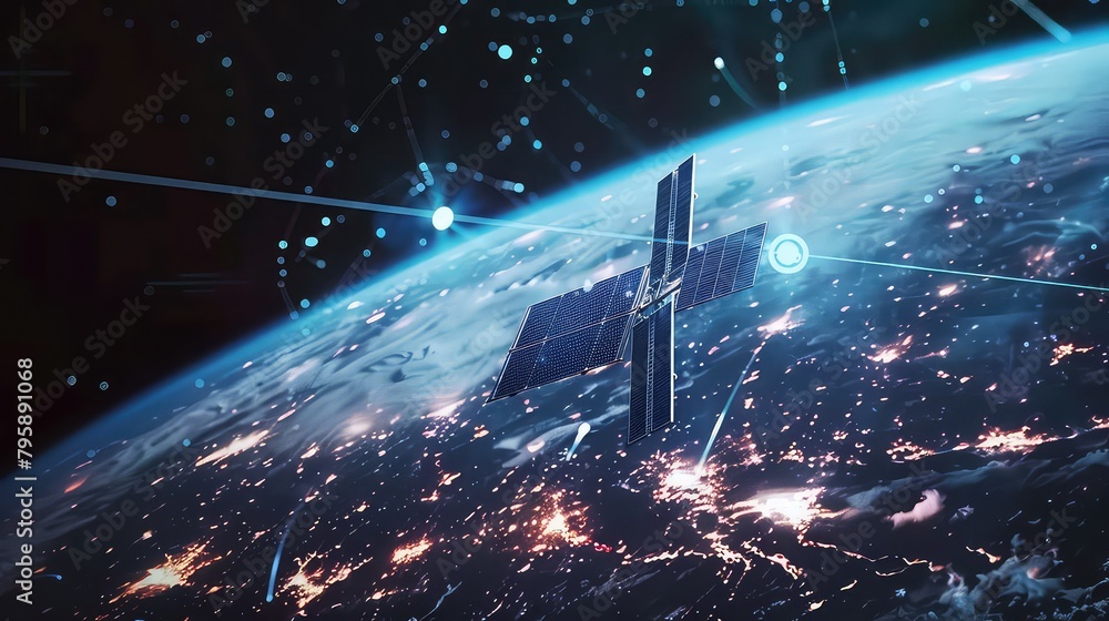Global satellite communication orbiting Earth to relay digital signals ...