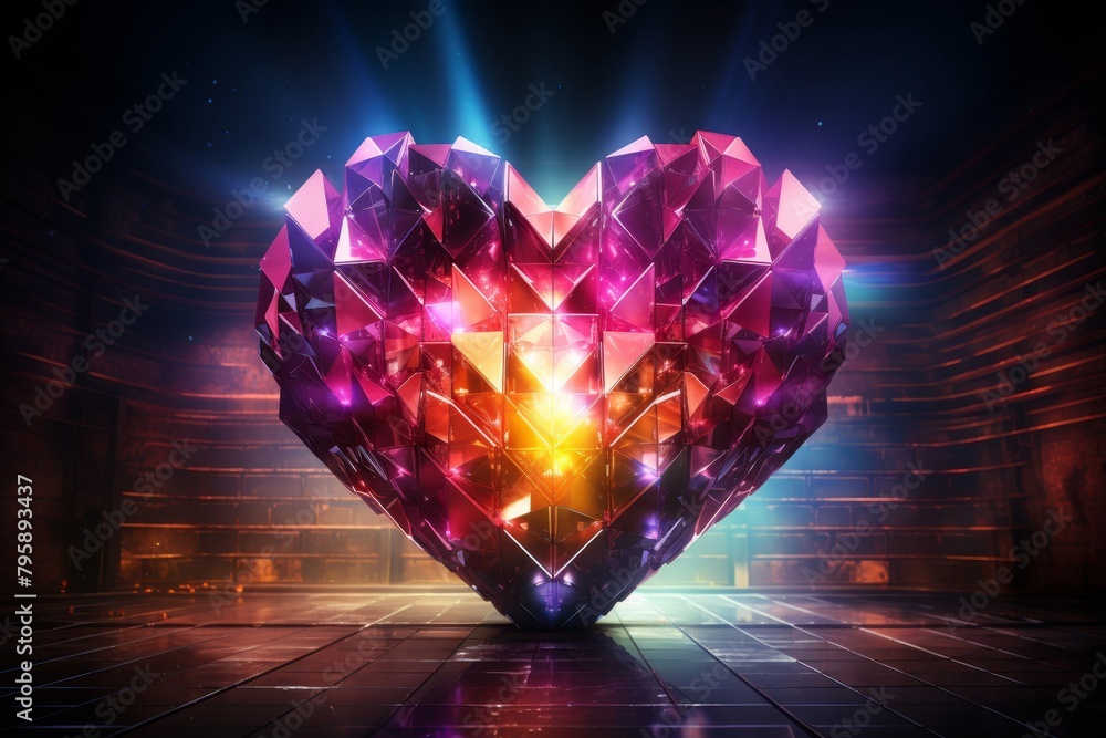 Neonlit graphic of a prism heart, with beams of light piercing through ...