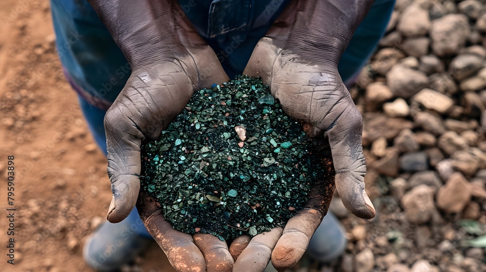 dirty hands of poor miner filled with raw cobalt ore, dangerous mining ...