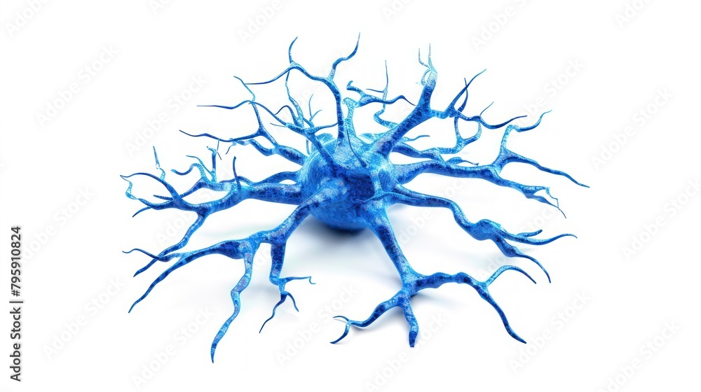 Generic blue neuron cell model isolated on white background with copy ...