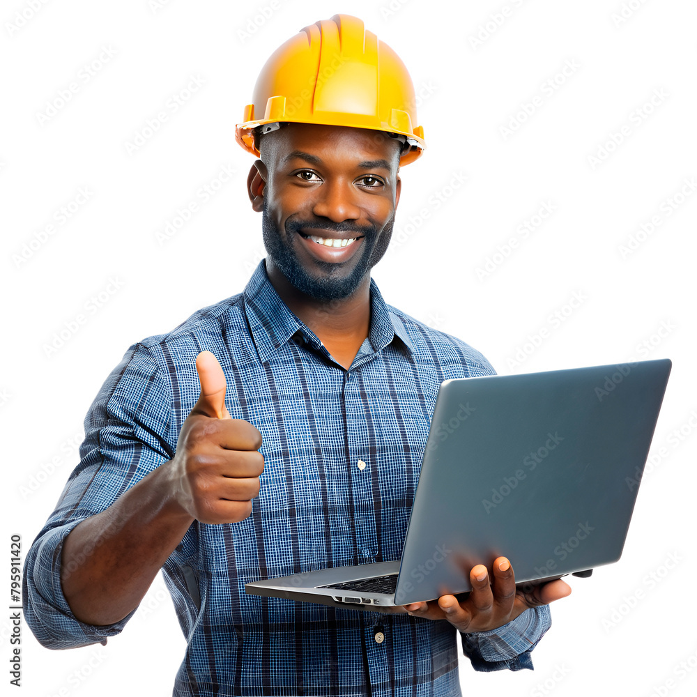 Engineer black man holding a laptop and thumbs up on the transparent ...