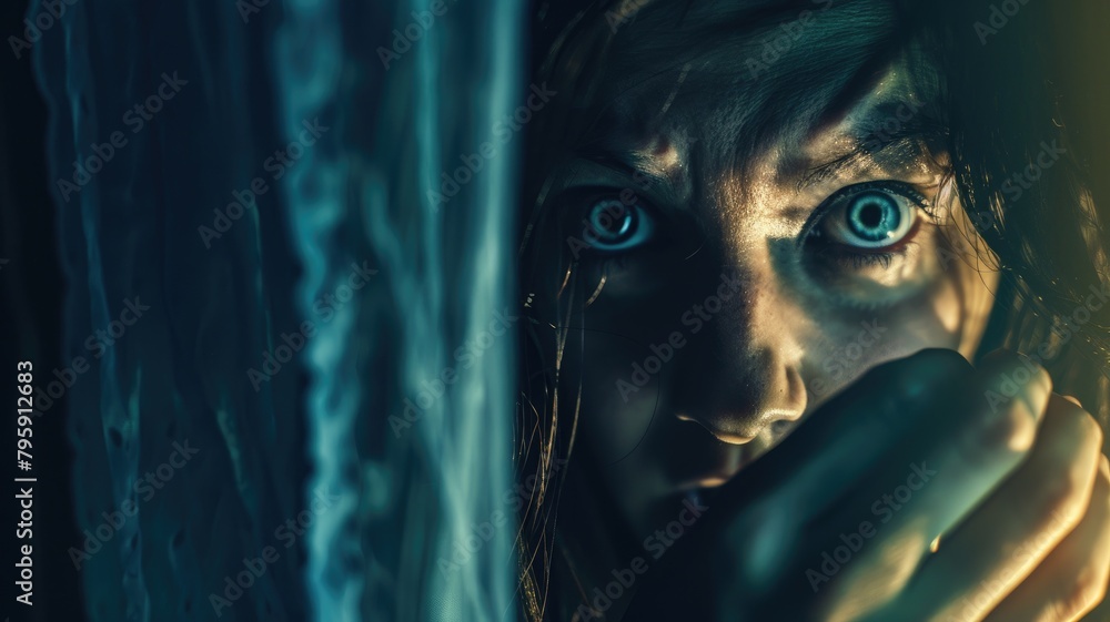 Person peering with wide eyes through dark, moody space, evoking ...