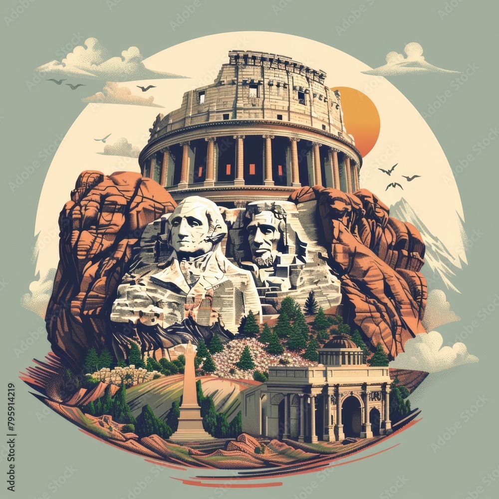 Design an illustration featuring the Colosseum, Petra, Machu Picchu ...