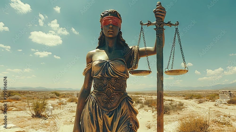 Lady Justice statue in desert landscape - A striking statue of Lady ...