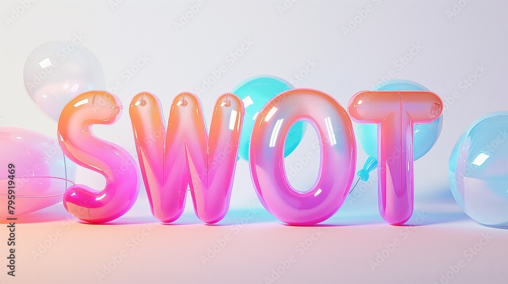 3D 'SWOT' balloon letters in pink and blue gradient colors with ...