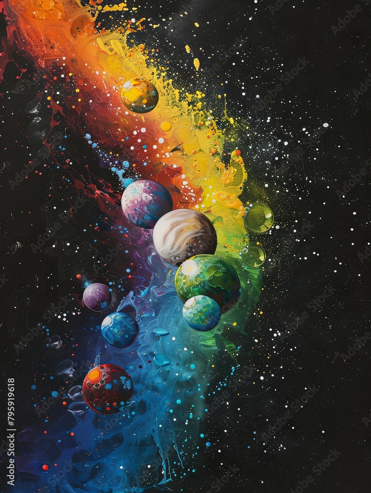 Vibrant cosmic paint splash with planets - This image captures the ...