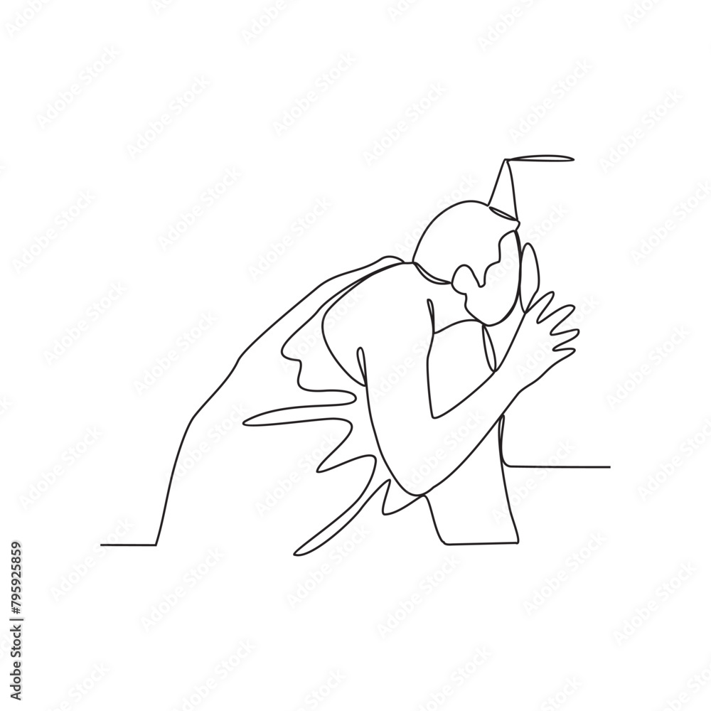 One continuous line drawing of people doing praying during Hajj month ...