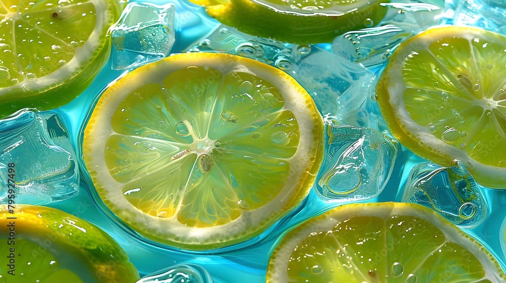 close up of lemon slices and ice cubes in water, vibrant colors, green ...