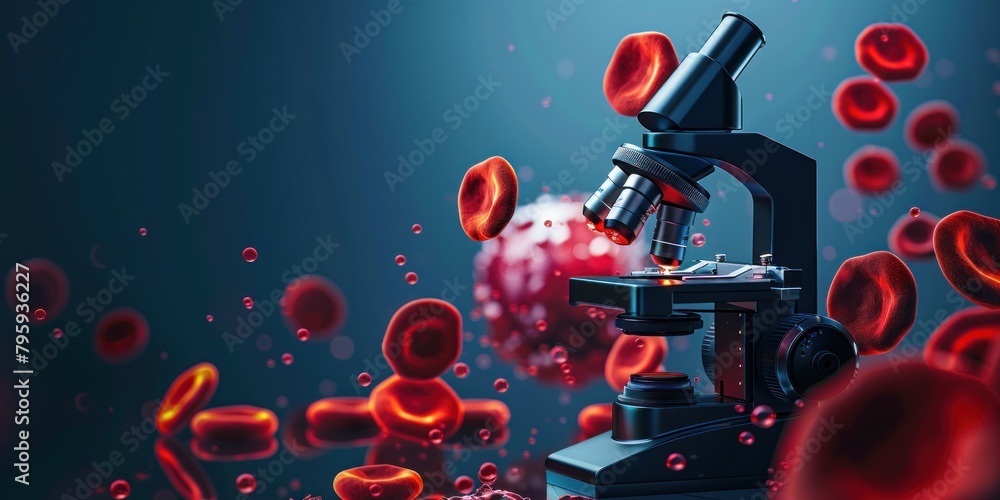 Science background wallpaper with 3D microscope icons and flying red ...