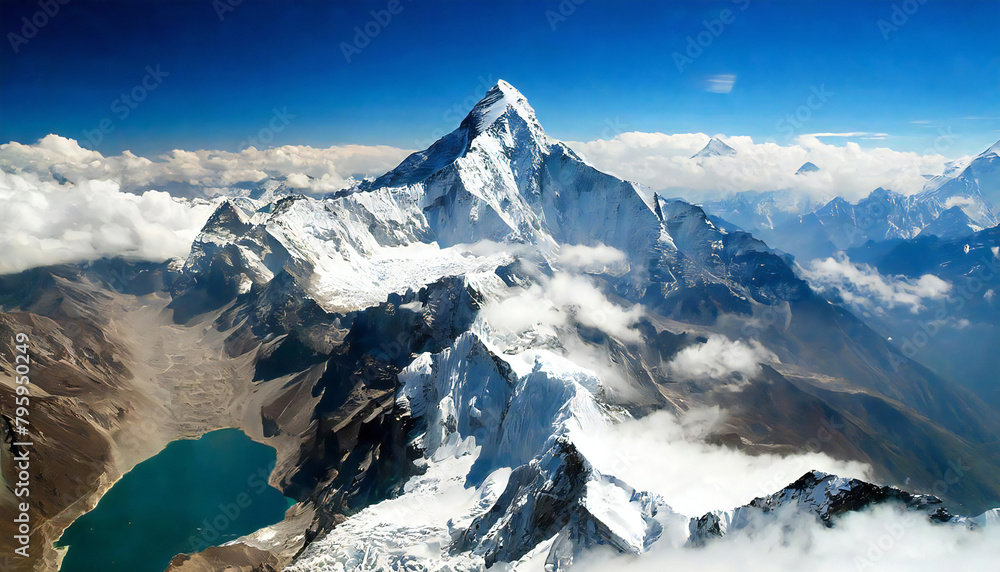 Mount Everest. Everest towering high against the blue sky. Mount ...