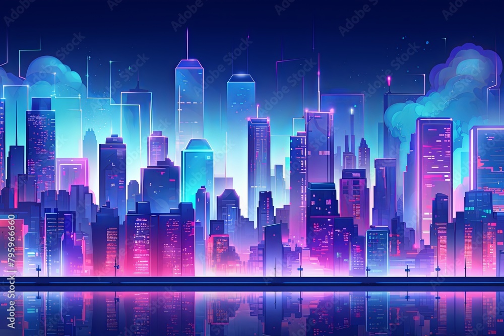 Neon Urban Streetscape Gradients: City Lights Panorama Delight Stock ...