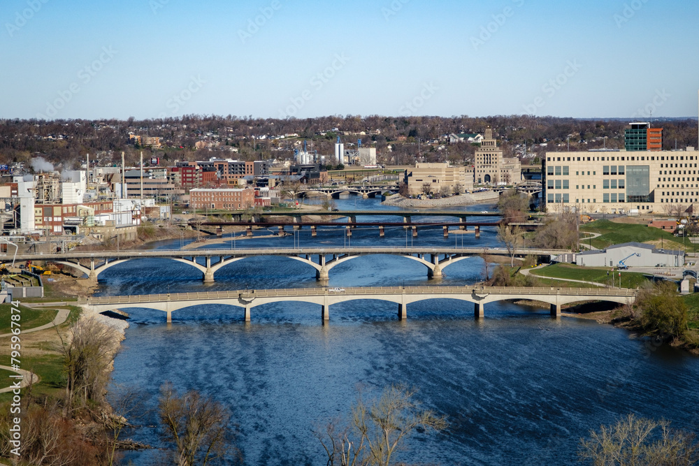 Cedar Rapids, Iowa, USA view of bridges over the Cedar River, ariel ...