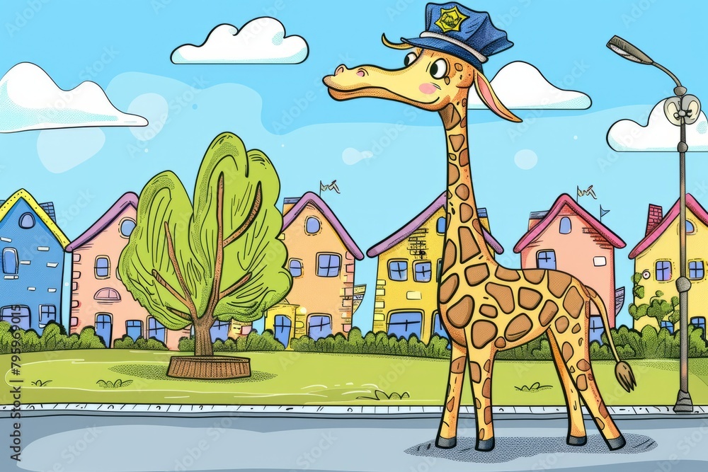 Cartoon cute doodles of a cheerful police officer giraffe using its ...