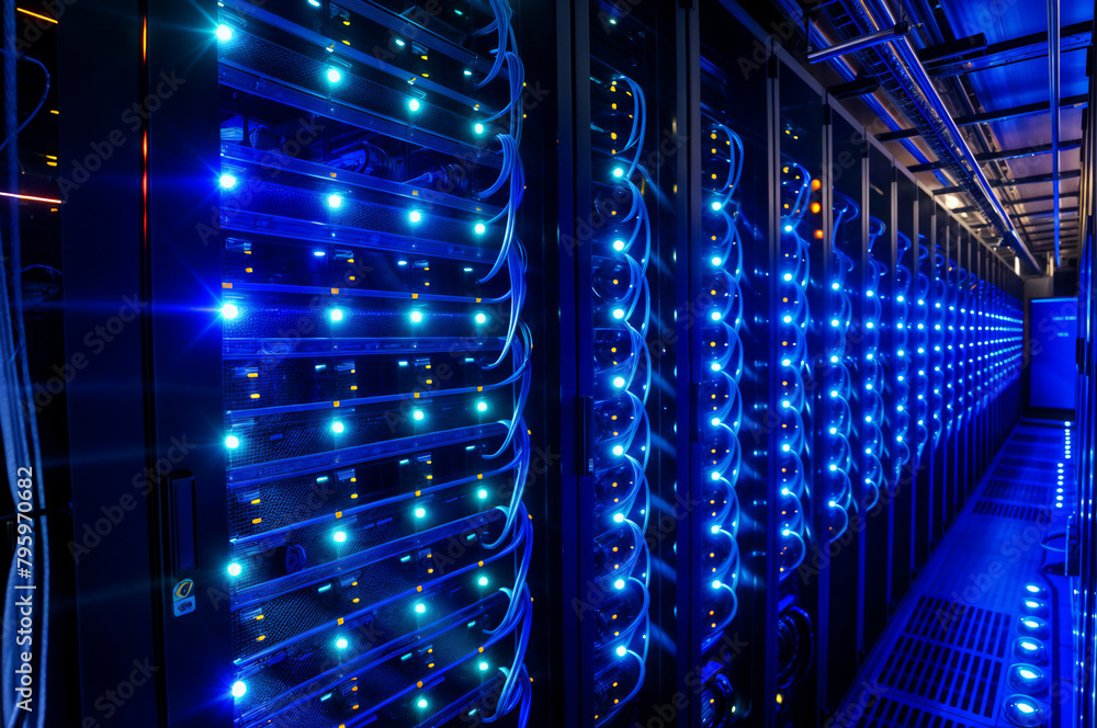 A high-tech server room with rows of servers emitting blue lights, intricate wiring visible ...
