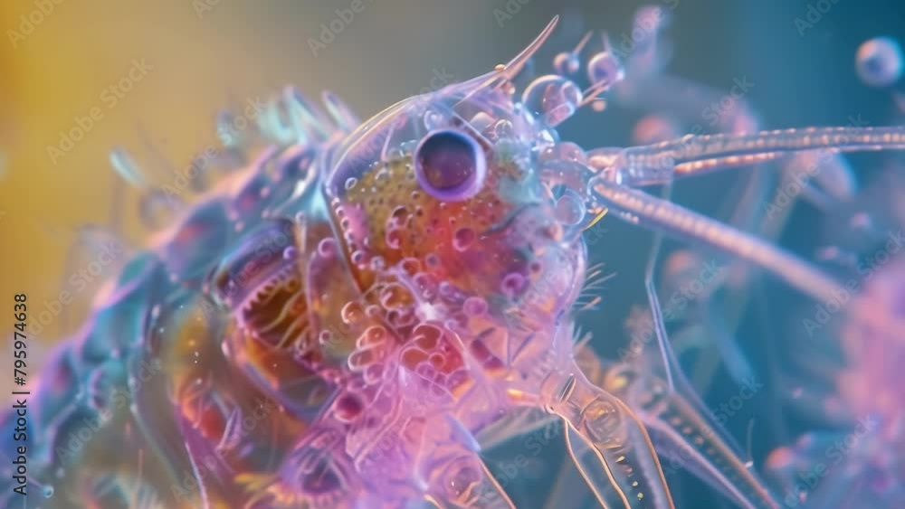 A closeup of a microscopic water flea also known as a daphnia reveals ...