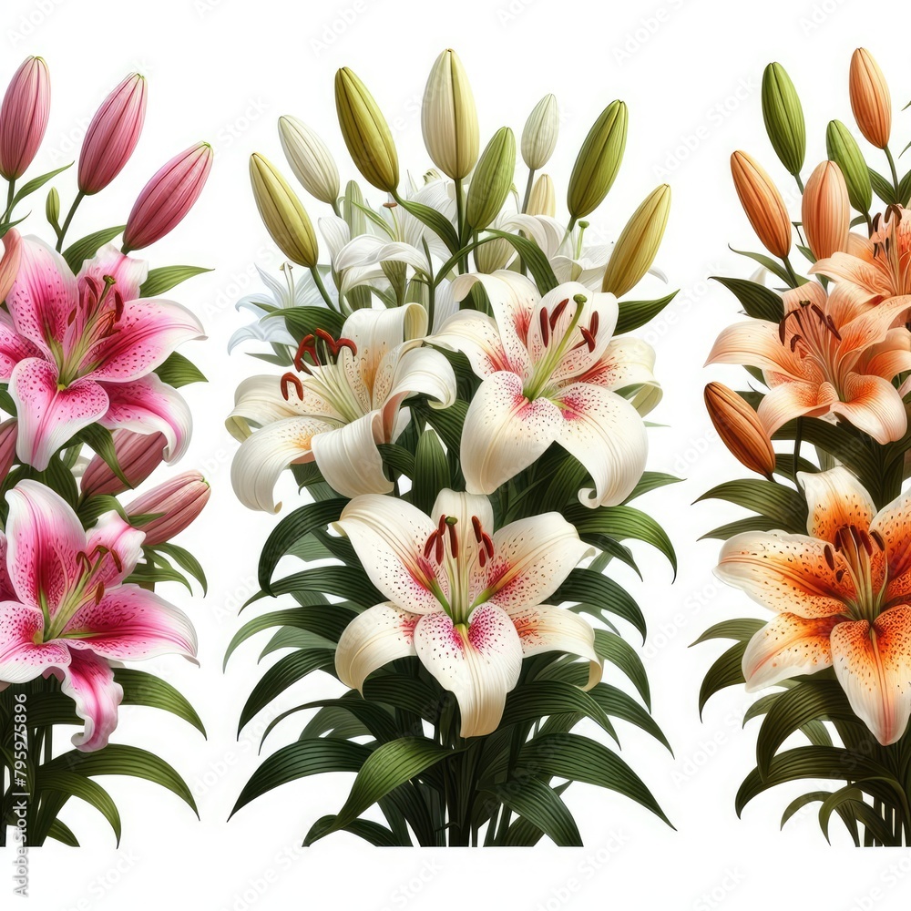 Three separate bunches of lilies against a white background. The first ...