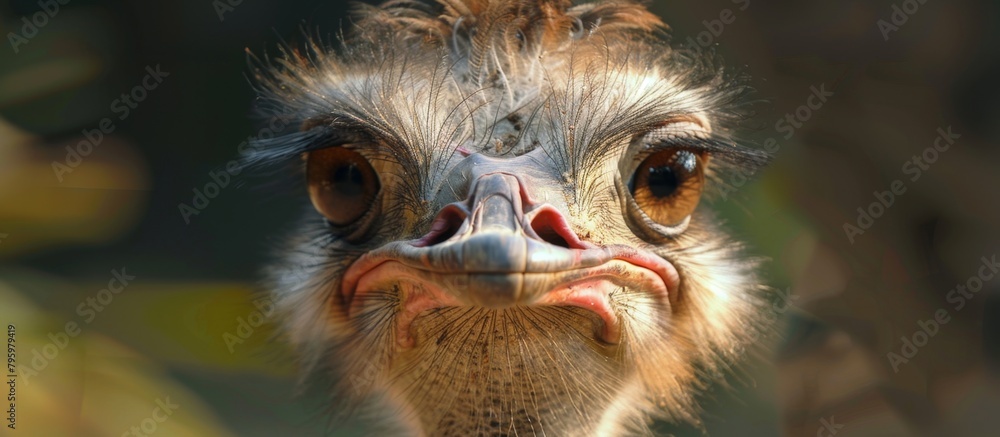Ostrich bird displaying a remarkably large head structure and eyes that ...