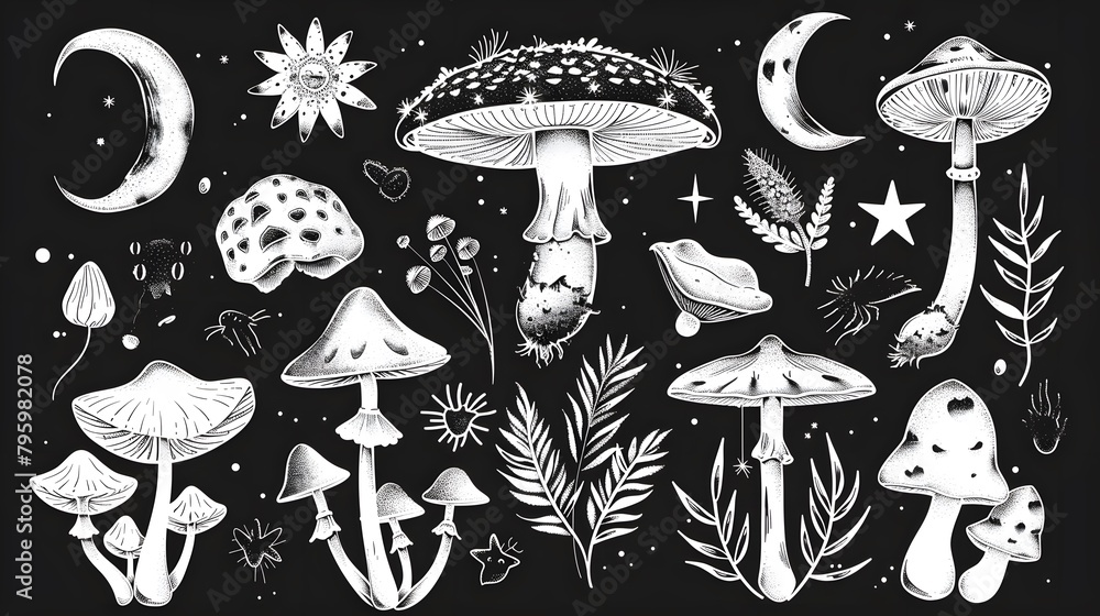 Mystical boho mushrooms isolated clipart set, magic line celestial ...
