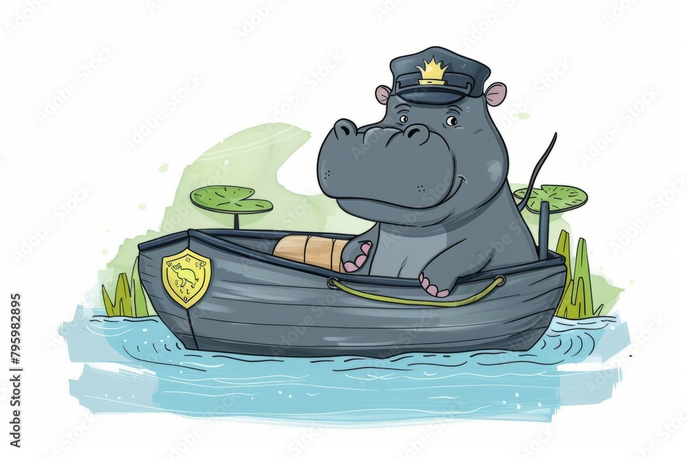 Cartoon cute doodles of a determined police officer hippo patrolling ...