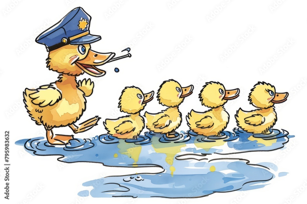 Cartoon cute doodles of a friendly police officer duckling quacking ...