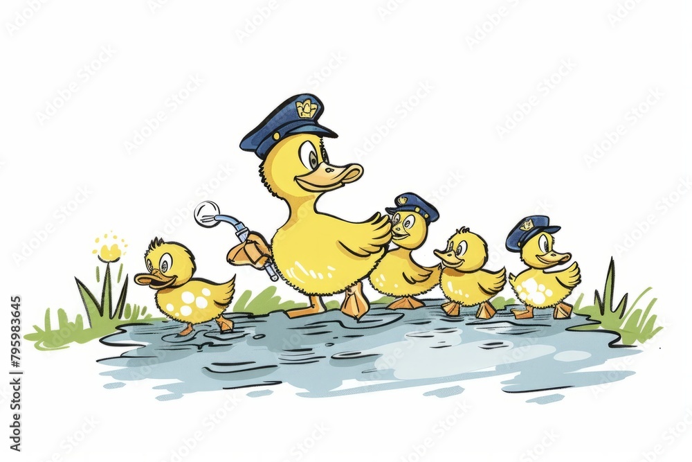 Cartoon cute doodles of a friendly police officer duckling quacking ...