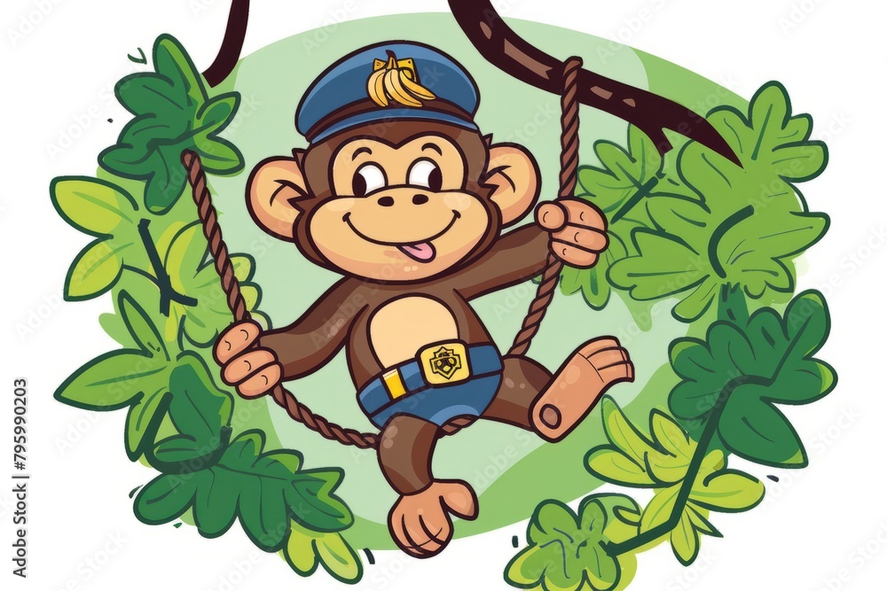 Cartoon cute doodles of a playful police officer monkey swinging ...