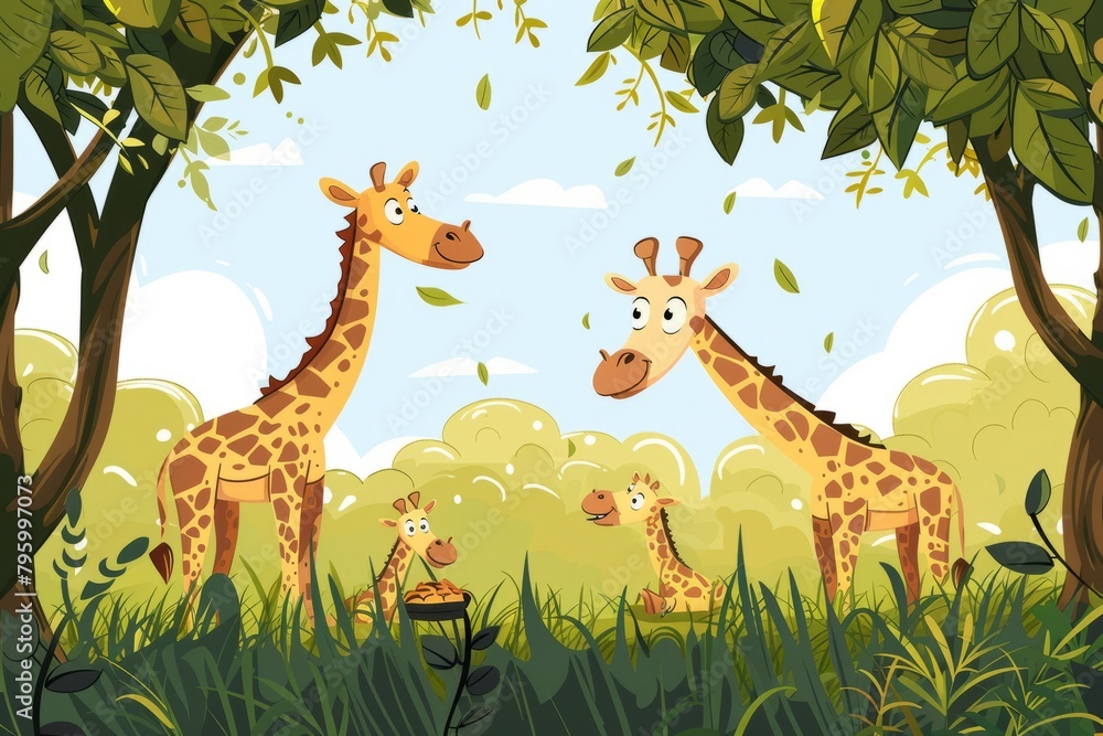 Cartoon cute doodles of a giraffe family having a picnic in the tall ...