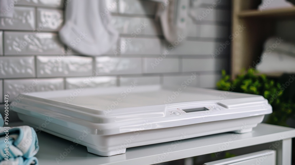 A white digital baby scale with a soft, padded weighing surface sits on ...