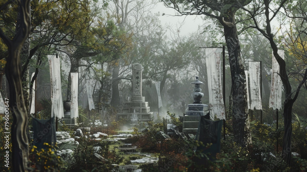 Mistcovered Chinese funeral landscape, featuring ritual items and white ...