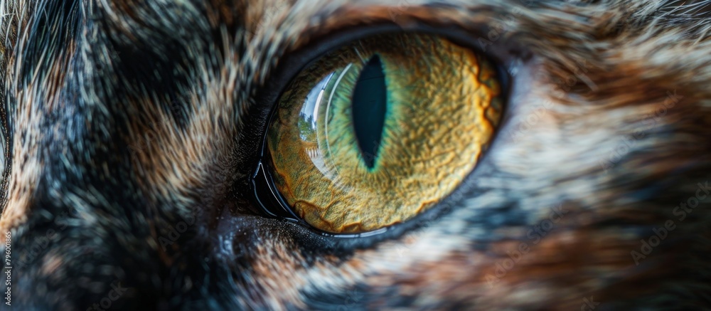 An up-close view of a feline's eye and its round eyeball surrounded by ...