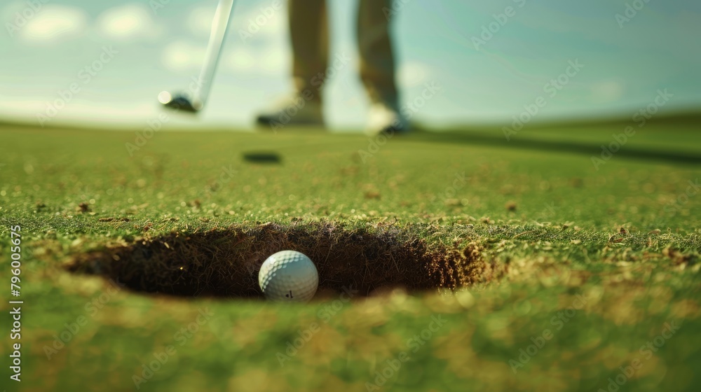 A golfer celebrating after successfully sinking a putt, with the ball ...