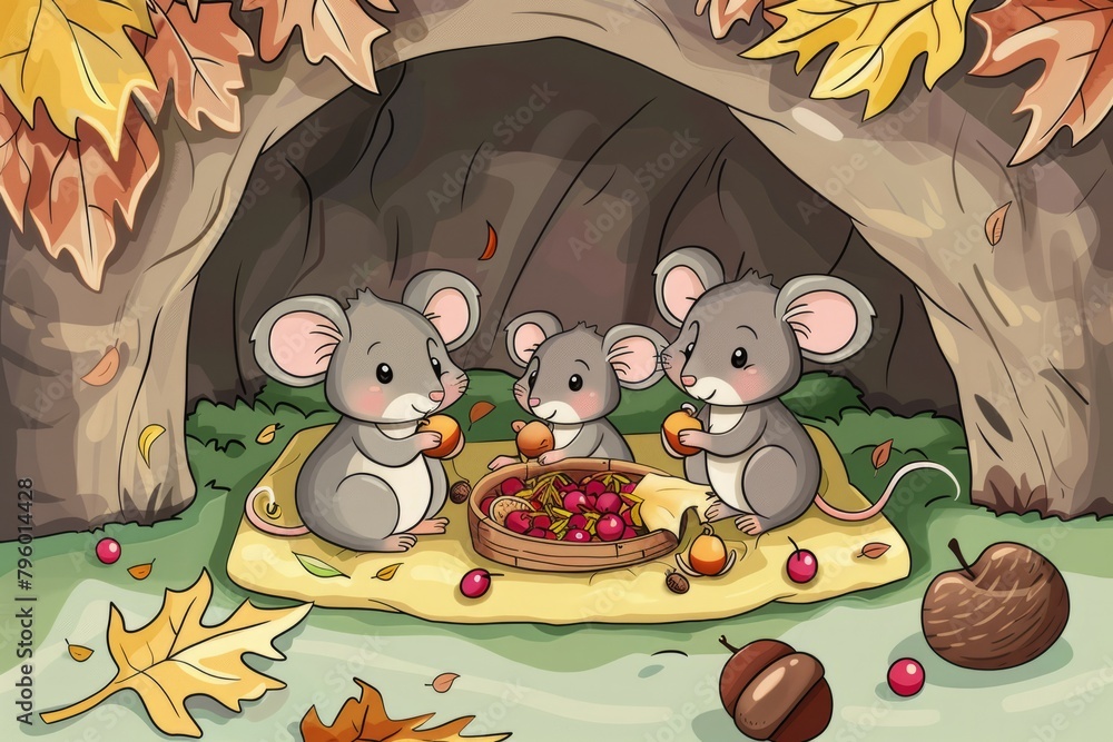 Cartoon cute doodles of a mouse family having a picnic in a cozy burrow ...