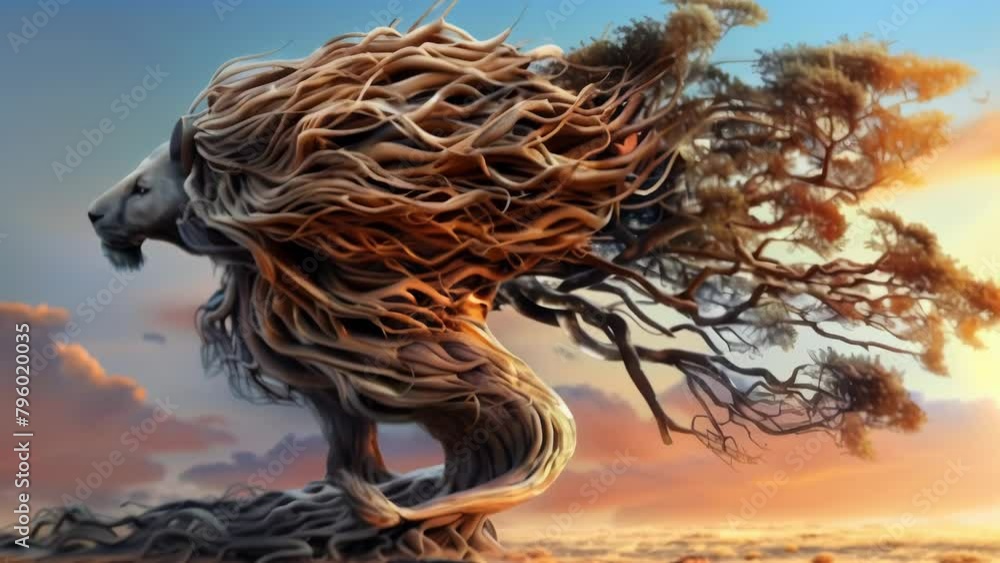Majestic lion-shaped tree silhouetted against a vibrant sunset sky, its ...