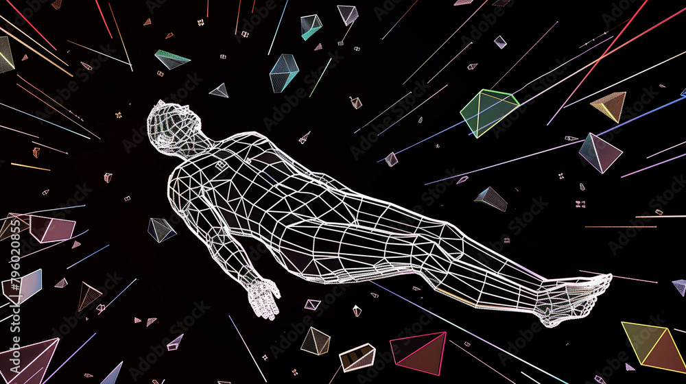 Astral Human Form Floating in Starry Space with Geometric Shapes Stock ...
