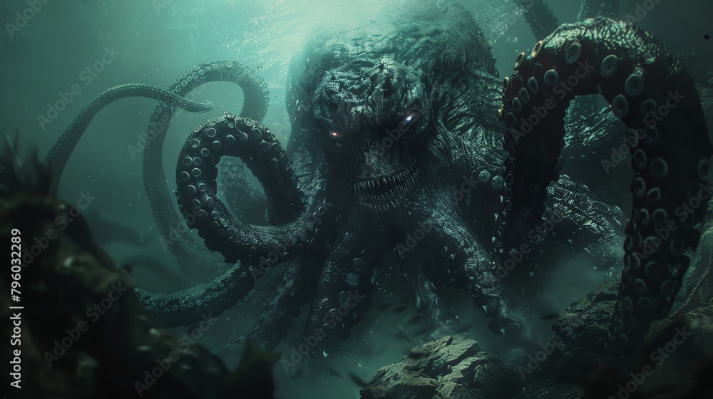 Capture a chilling horror scene, merging underwater elements with eerie ...